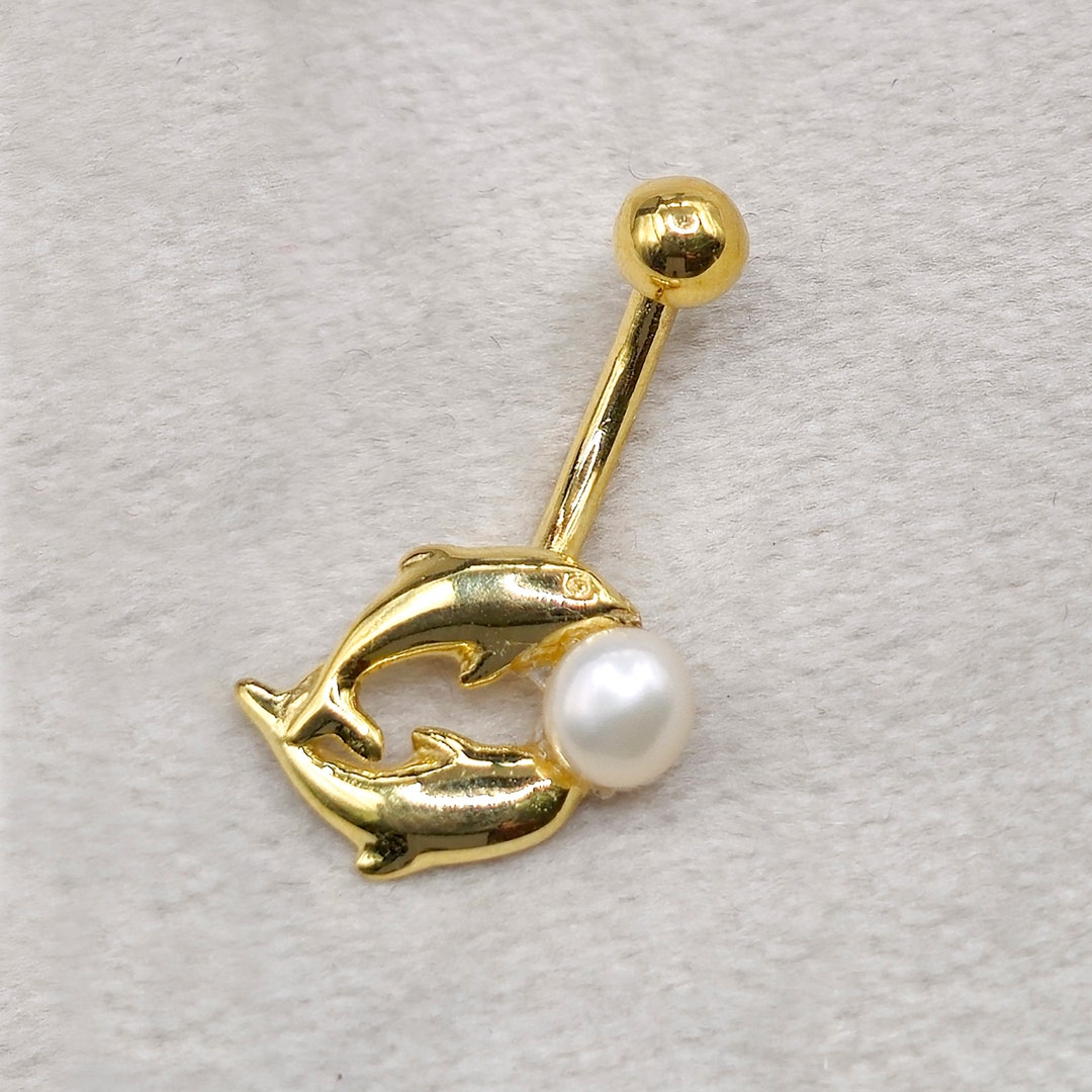 14K Solid Gold Dolphins Belly Bars, Belly Rings With White Pearl Hand ...