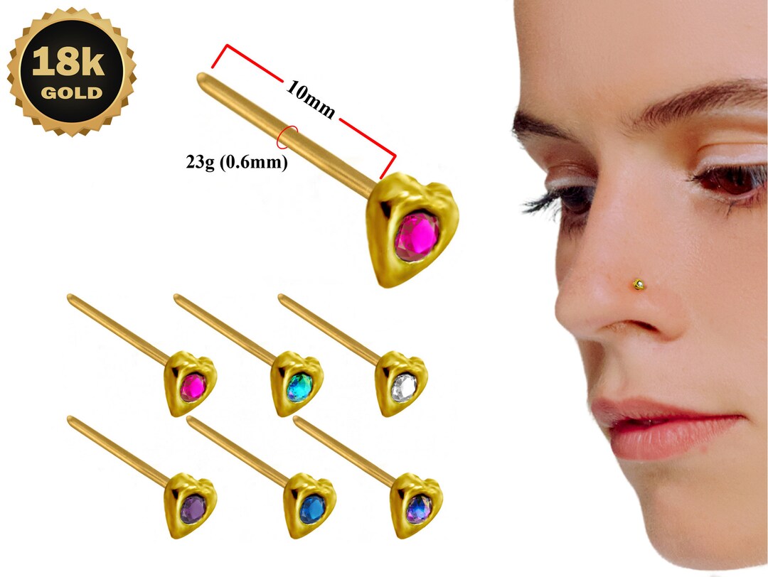 18K Gold Nostril Piercing, Heart Shape Nose Pin With Highest Quality ...