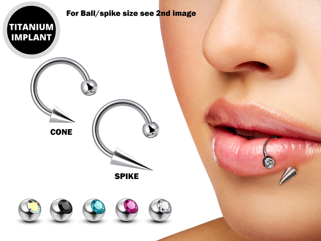 Circular Barbell Lip Ring With Gem Ball Spike and Cone Titanium 18g 16g ...