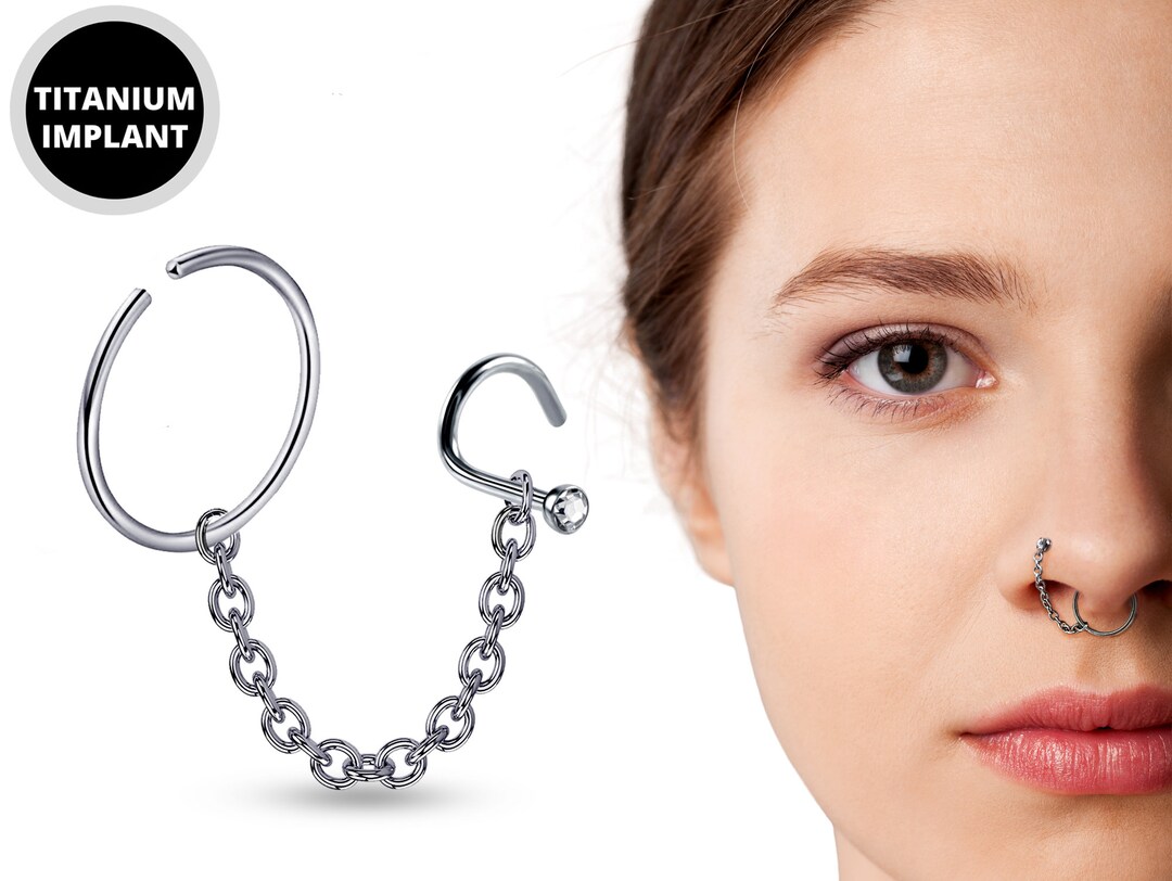 Nose Chain Jewelry Nose Screw Stud With Crystal and Segment Ring Hinged ...