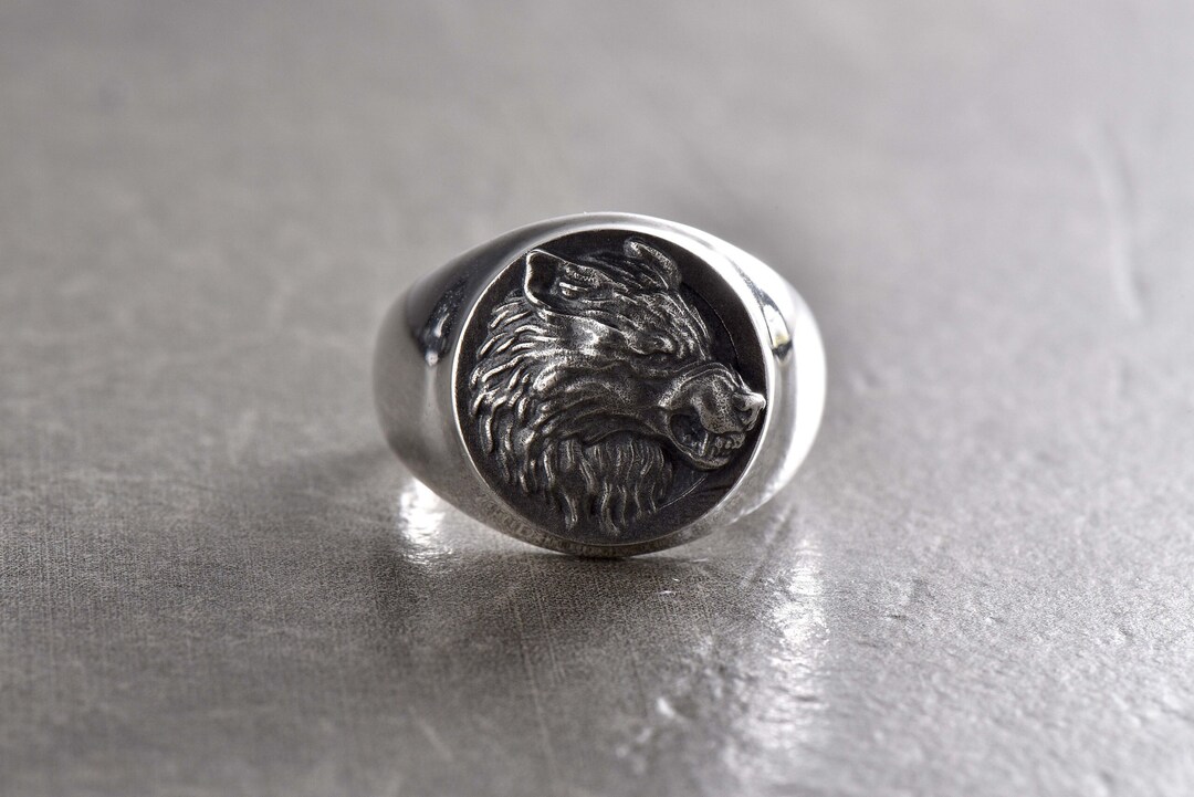 Sterling Silver Wolf Head Signet Ring, Handmade Bold Animal Jewelry for ...
