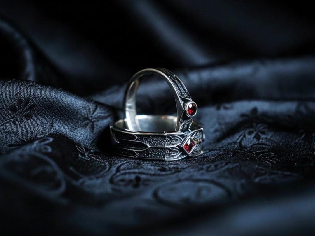Gothic Wedding Ring Set Sterling Silver • Dark Fantasy Bridal Set With ...