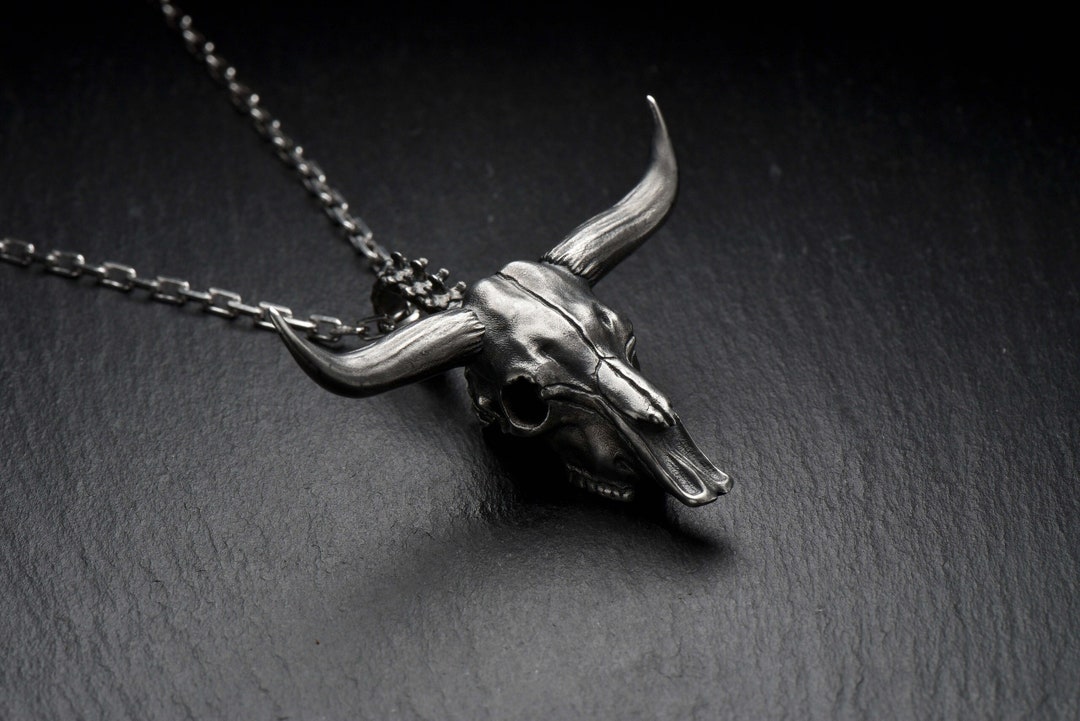 Sterling Silver Bull Skull Pendant, Skull Necklace, Gothic Pendant ...