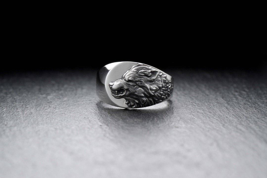 Sterling Silver Angry Wolf Signet Ring, Ring Wolf Head, Wolf Head Ring ...