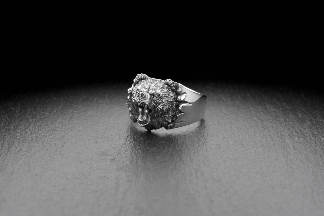 Sterling Silver Bear Ring, Angry Bear Signet Ring, Wild Animal Jewelry ...