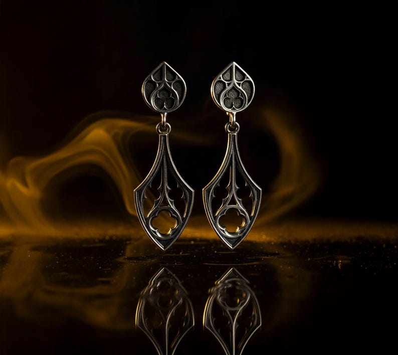 Gothic Tracery Earrings, Sterling Silver Teardrop Drop, Medieval Arch ...