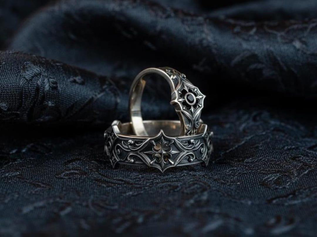 Gothic Sterling Silver Wedding Ring Set: Ornate Medieval Bands - Etsy