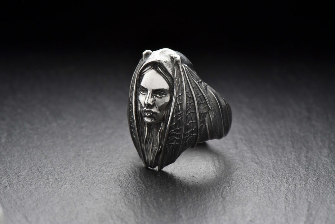 Sterling Silver Lady Vampire Ring, Gothic Ring, Mythology Ring, Bat ...