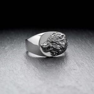 Sterling Silver Angry Wolf Signet Ring, Ring Wolf Head, Wolf Head Ring ...