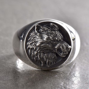 Sterling Silver Wolf Head Signet Ring, Handmade Bold Animal Jewelry for Men & Women, Unique Wolf ...