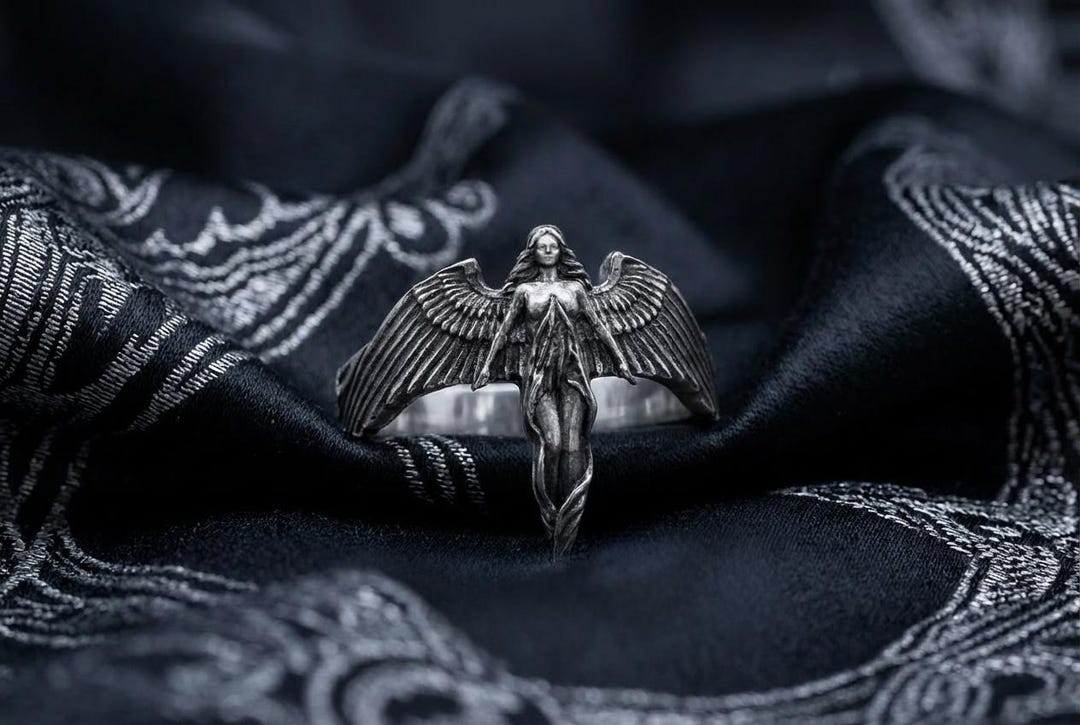 Sterling Silver Angel Ring, Winged Goddess Band, Gothic Guardian ...