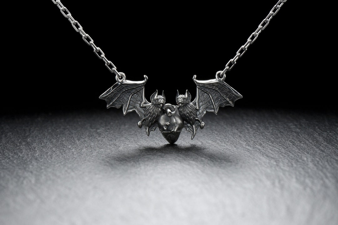 Sterling Silver Bats Pendant, Gothic Necklace, Two Bats and Heart ...