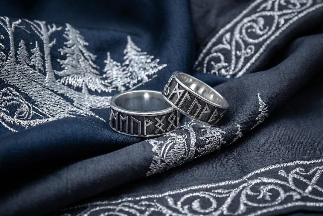 Wedding Elder Futhark Rune Rings, Sterling Silver Rustic Viking Band, Norse Mythology Jewelry ...