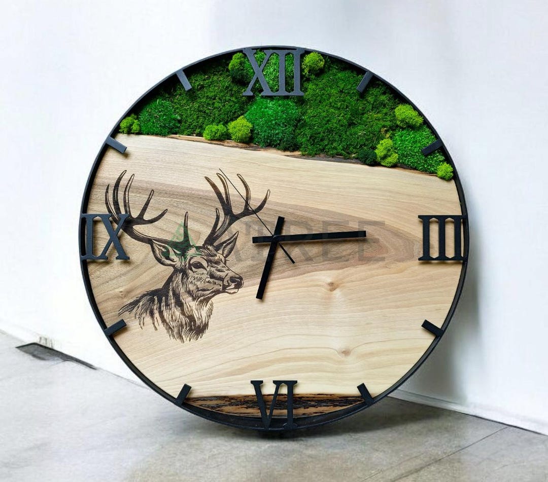 Deer Loft Clock 50 Cm, Wooden Olive Clock, Frame Clock, Metal Wall Clock, Wooden Wall Art, Gift ...