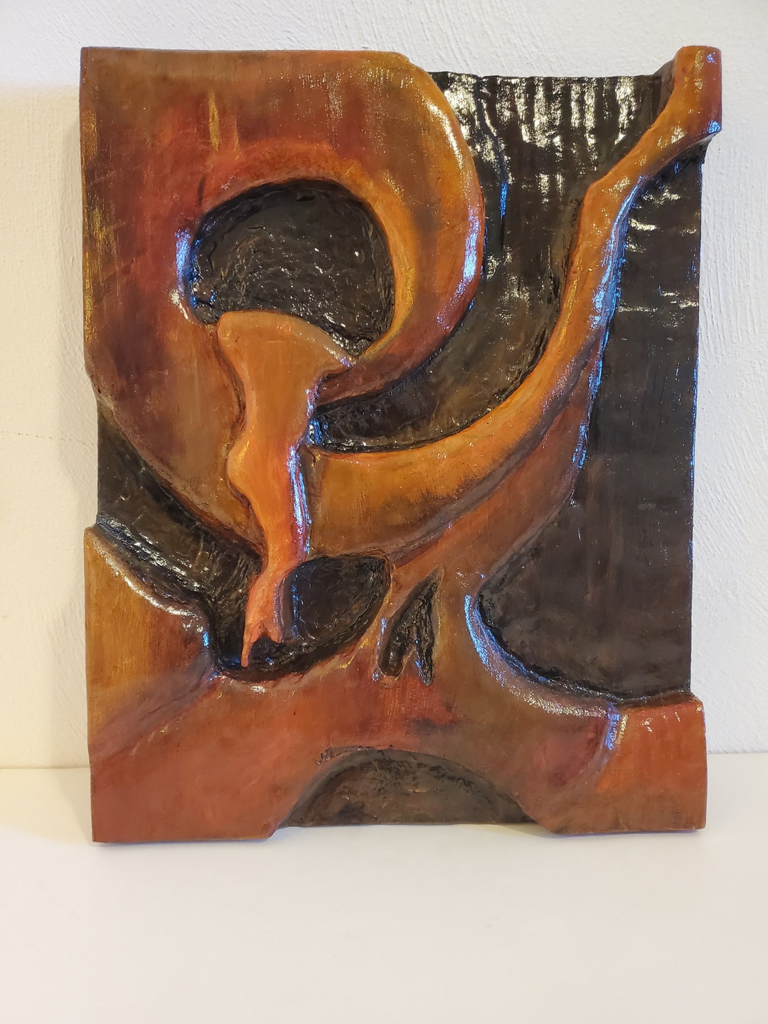 Abstract Bas Relief Tree-like Wood Carving Sculpture Acrylic Painted ...