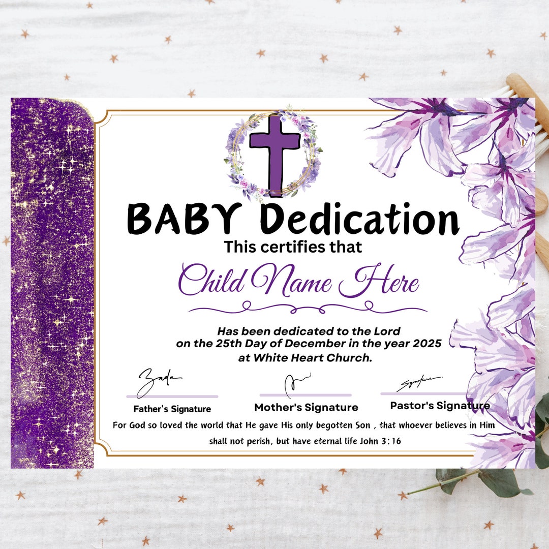 Baby Dedication Certificate Template, Baptism Certificate, Editable ...