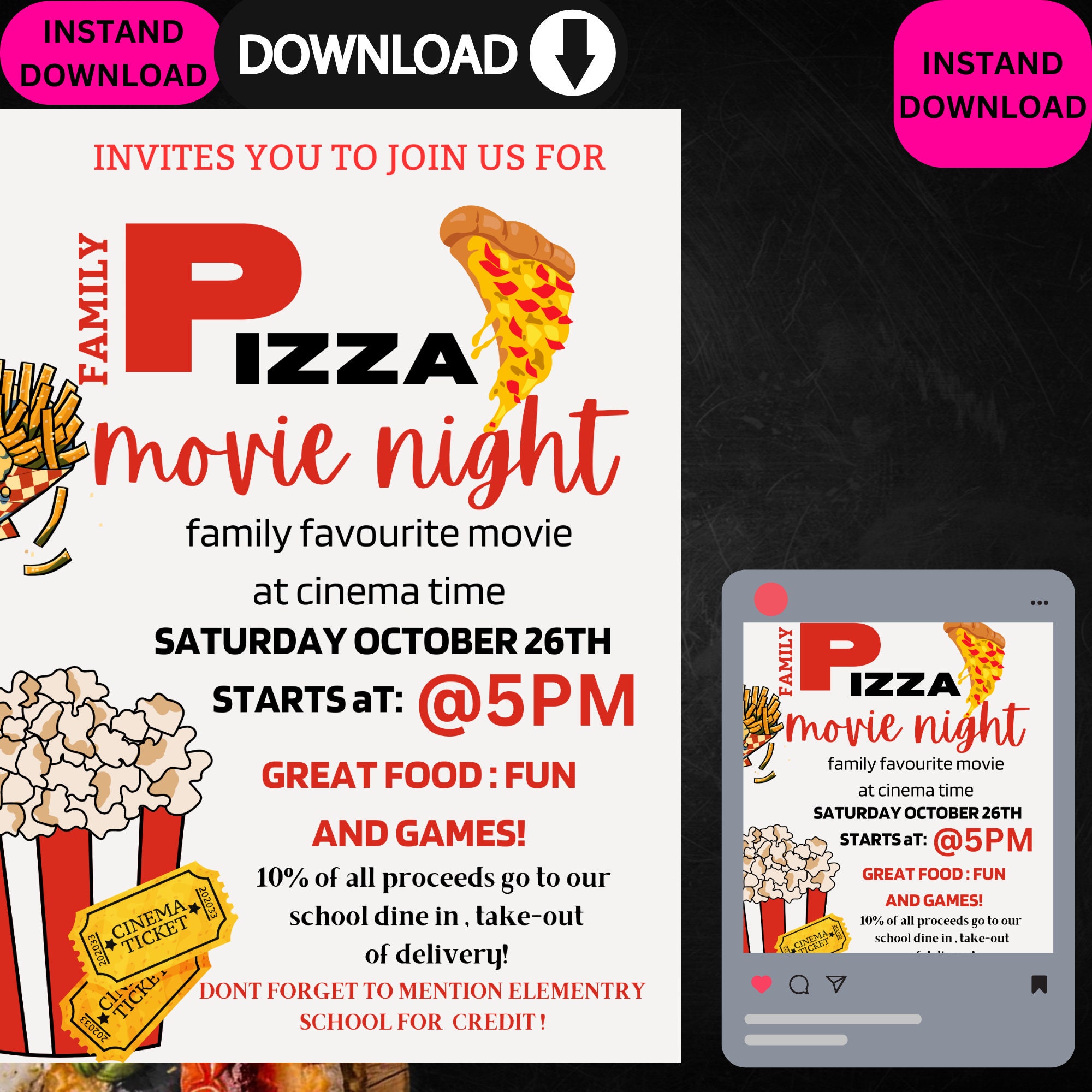 Pizza and Movie Night Flyer, PTO PTA School Fundraiser Editable ...