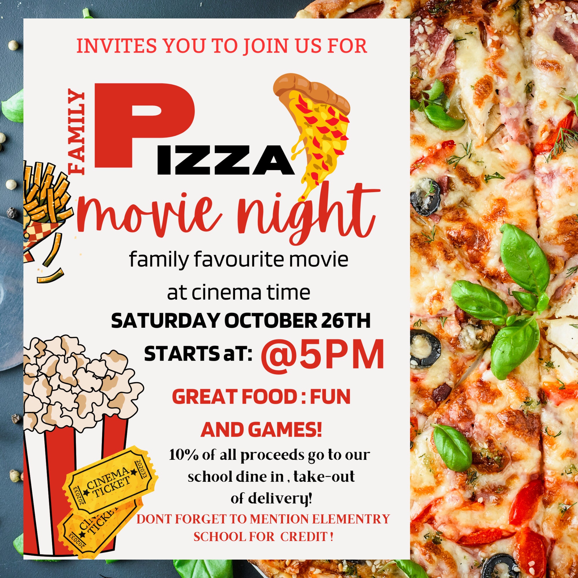 Pizza and Movie Night Flyer, PTO PTA School Fundraiser Editable ...