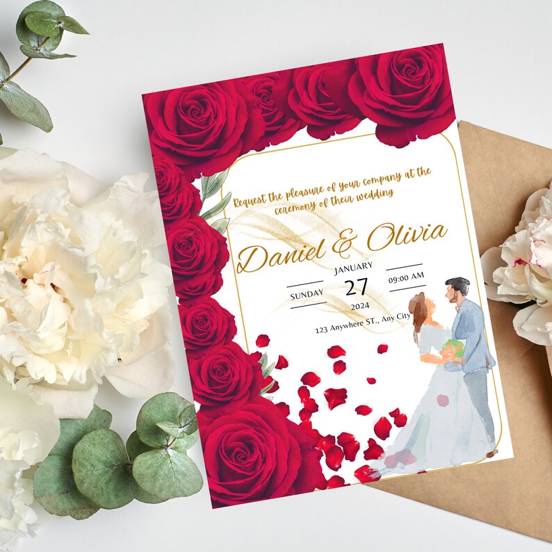 Red Wedding Invitation Template, Red Rose Invitation,invitations ...