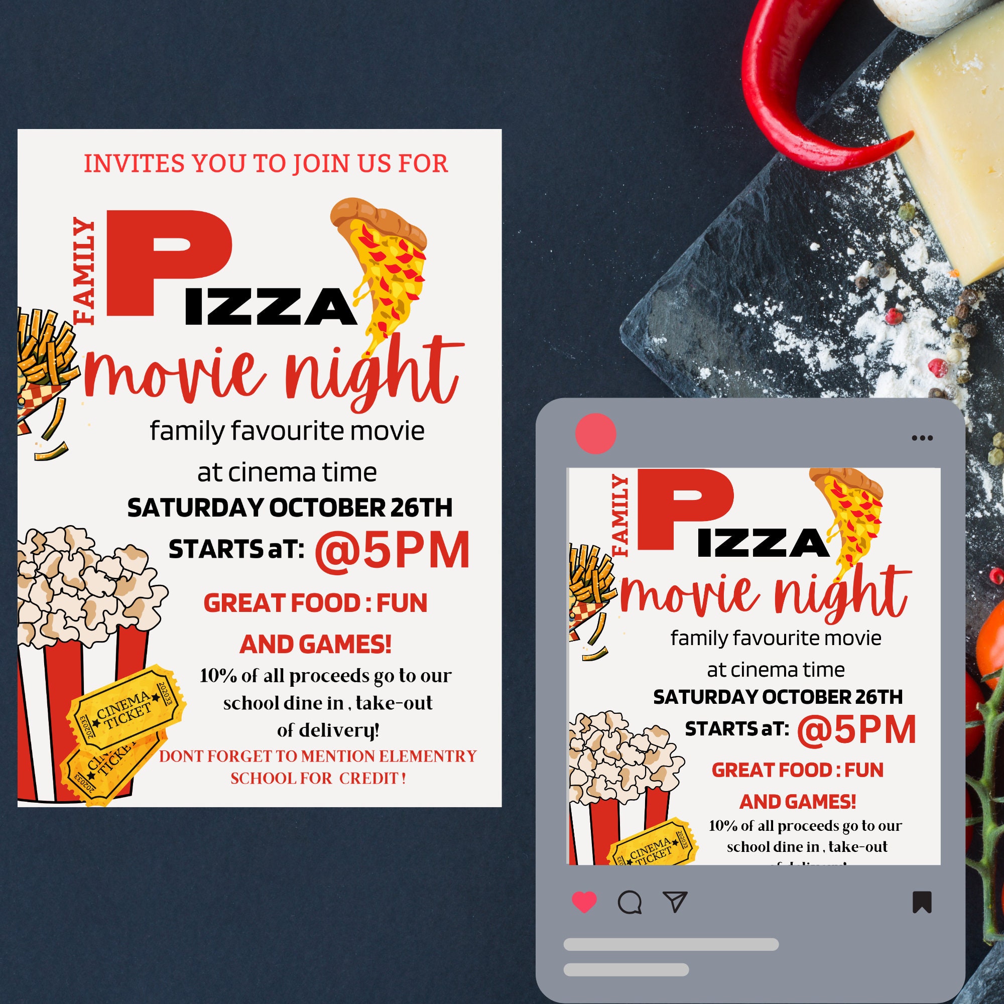 Pizza and Movie Night Flyer, PTO PTA School Fundraiser Editable ...