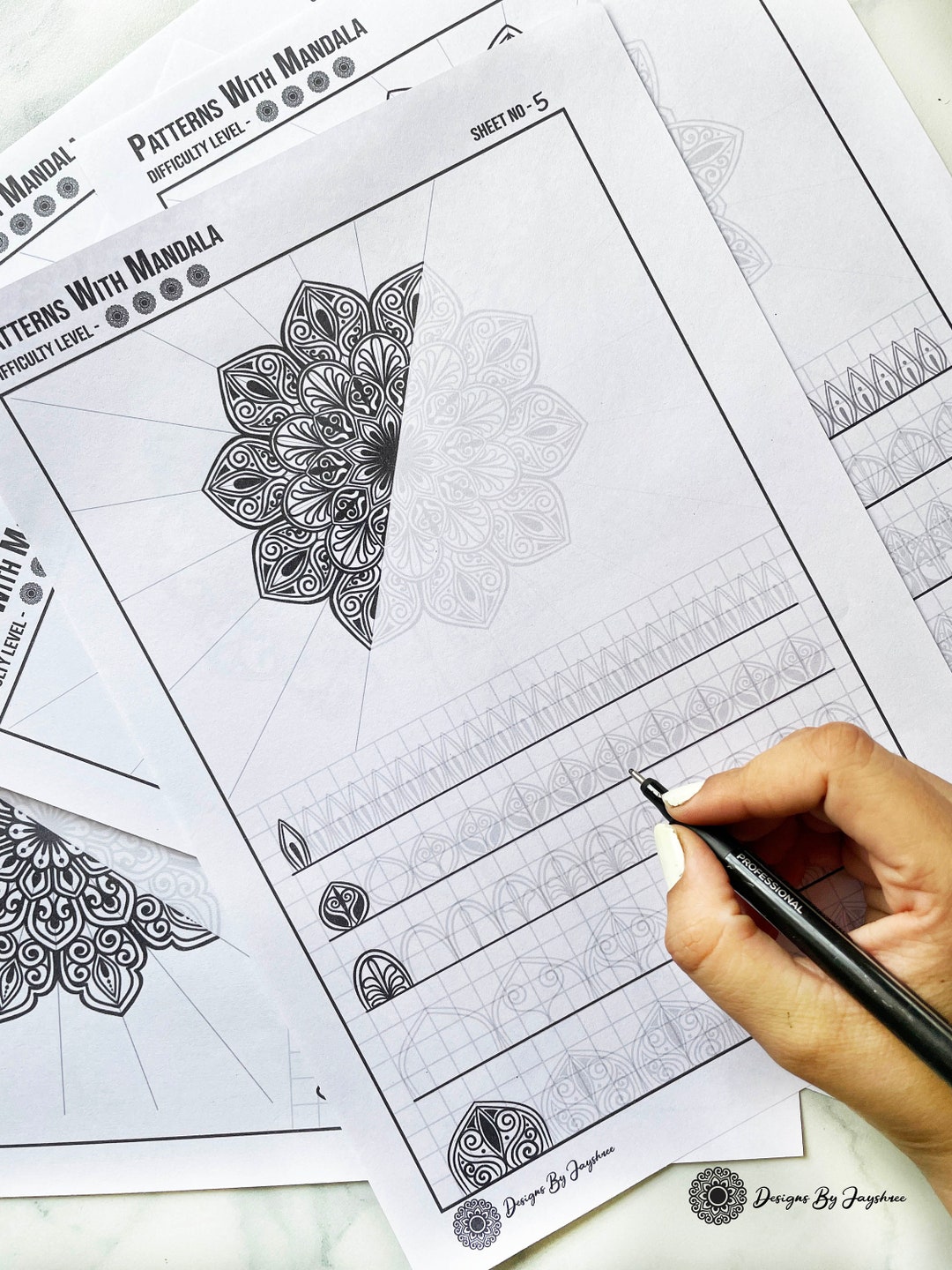 Mandala Tutorial Sheet With Patterns SET OF 5, Mandala Practice Sheets ...