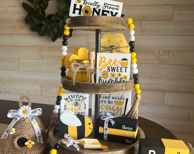 Bee Tiered Tray Decor | Honey Bee Decor | Bumble Bee Decor | Jute ...