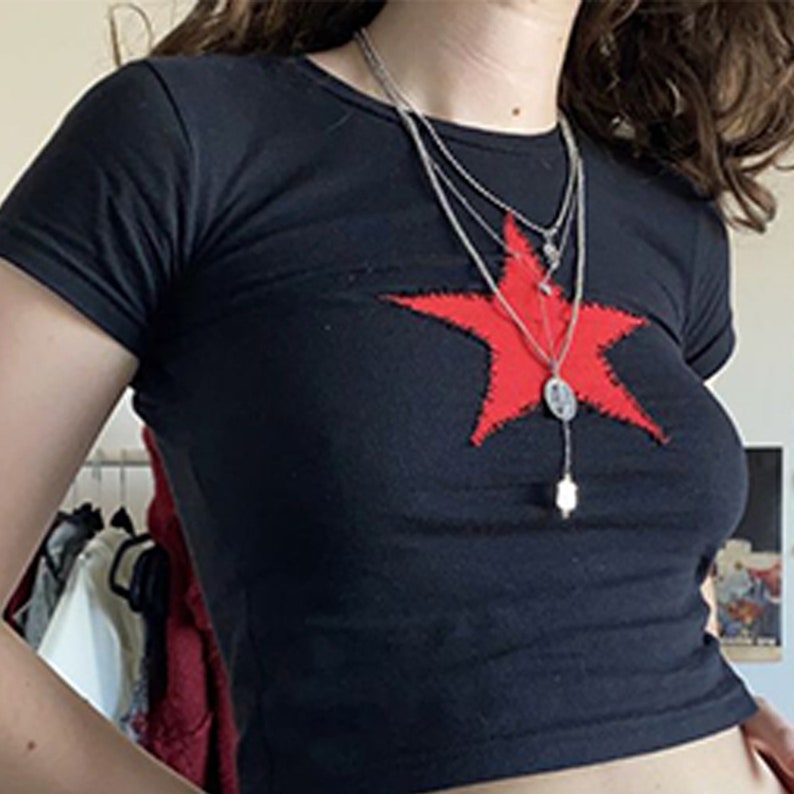 Y2k Patchwork Star Cropped Tee Etsy Canada