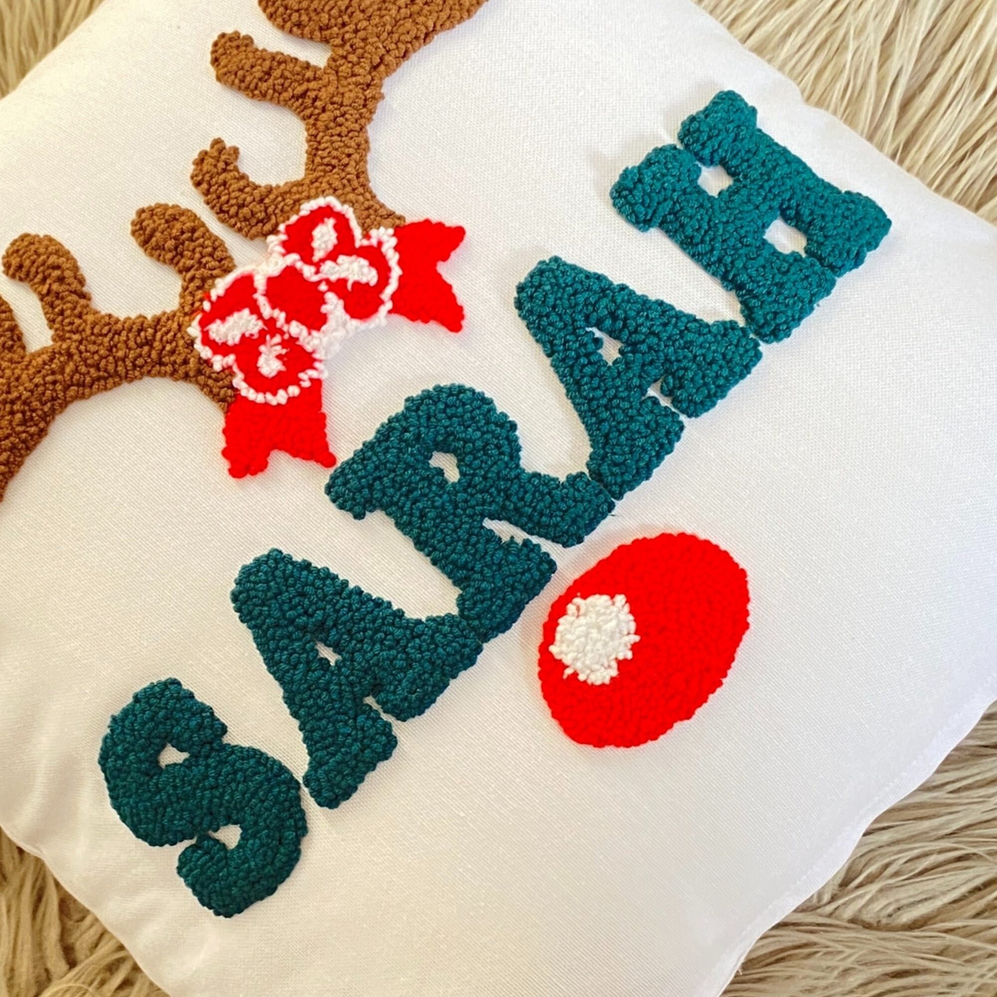 Punch Needle Embroidered Reindeer Antler Name Pillow | Xmas Gift for ...