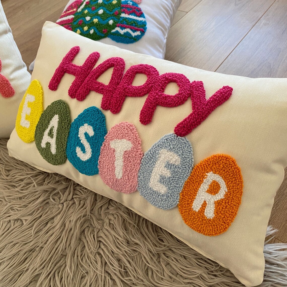 Embroidered Happy Easter Pillow, Punch Needle Accent Pillow ...