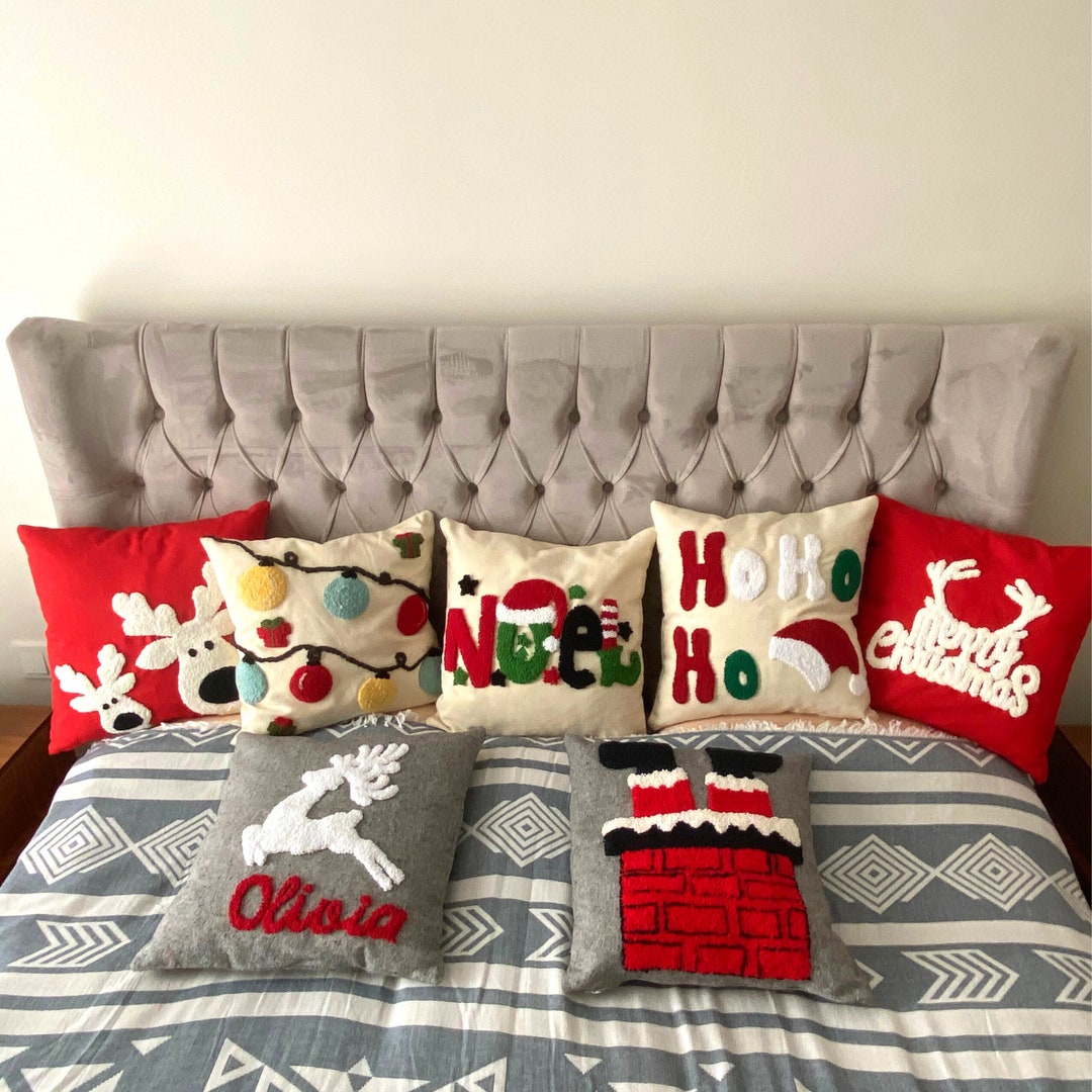 Punch Needle Embroidered Christmas Themed Pillows Home - Etsy