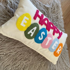 Embroidered Happy Easter Pillow, Punch Needle Accent Pillow ...