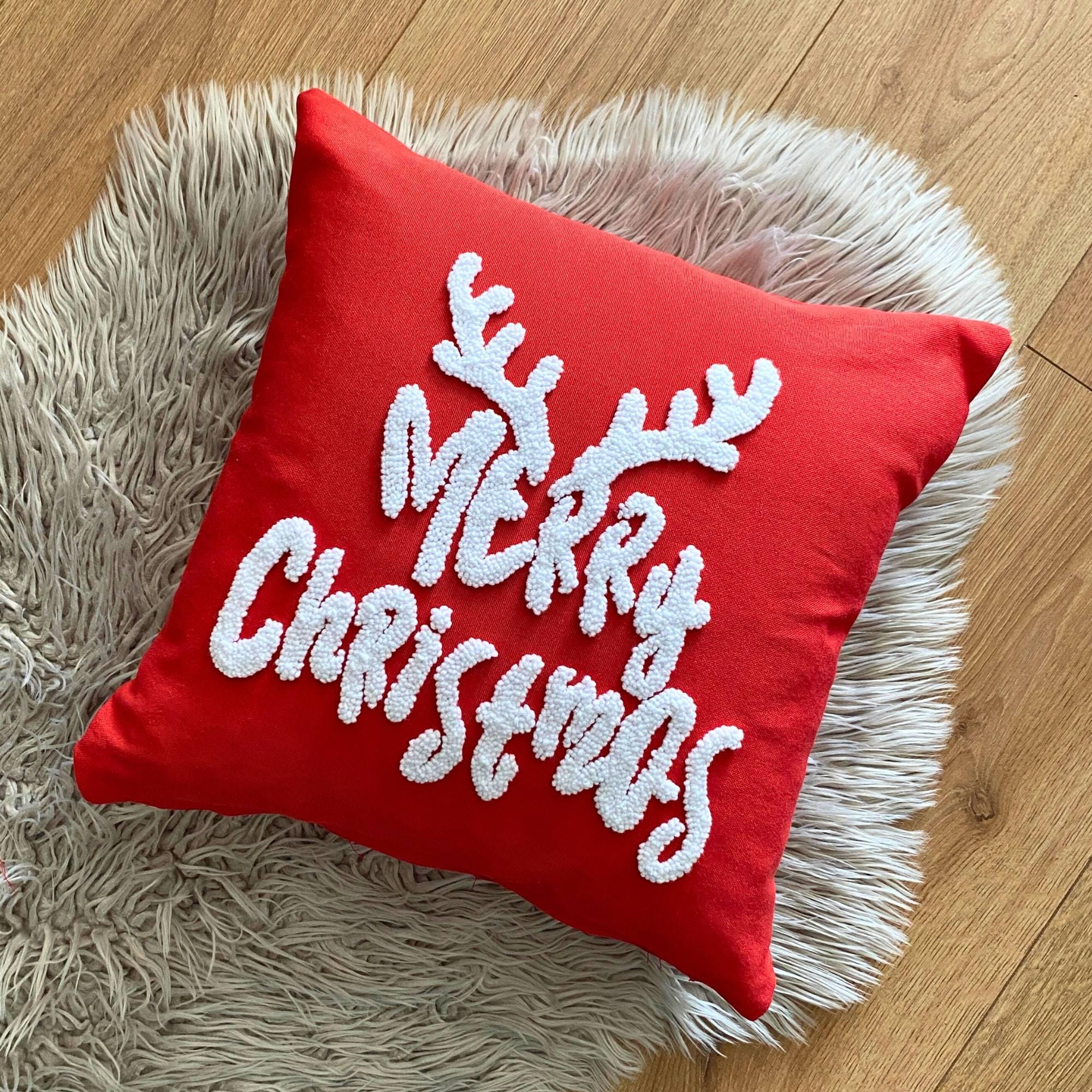 Embroidered Christmas Name Pillow, Personalized Punch Needle Cushion ...