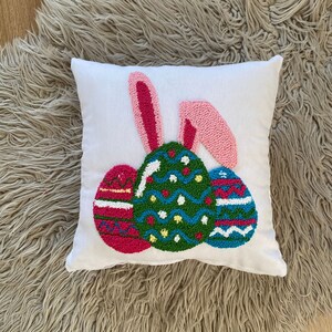 Embroidered Bunny Pillow, Punch Needle Easter Egg Pillow, Personalized ...