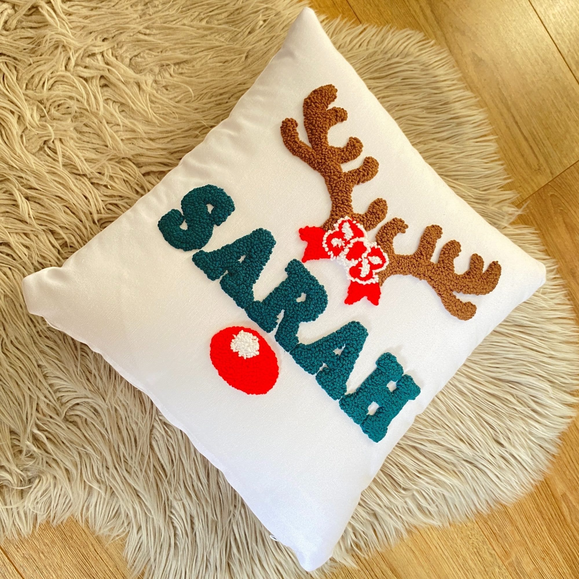 Punch Needle Embroidered Reindeer Antler Name Pillow | Xmas Gift for ...