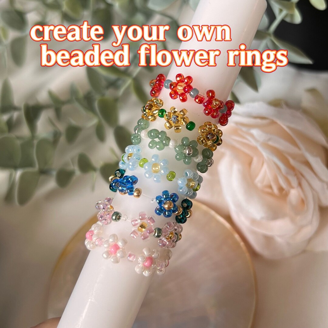 Customisable Beaded Flower Rings Adjustable Elasticated Rings Handmade ...