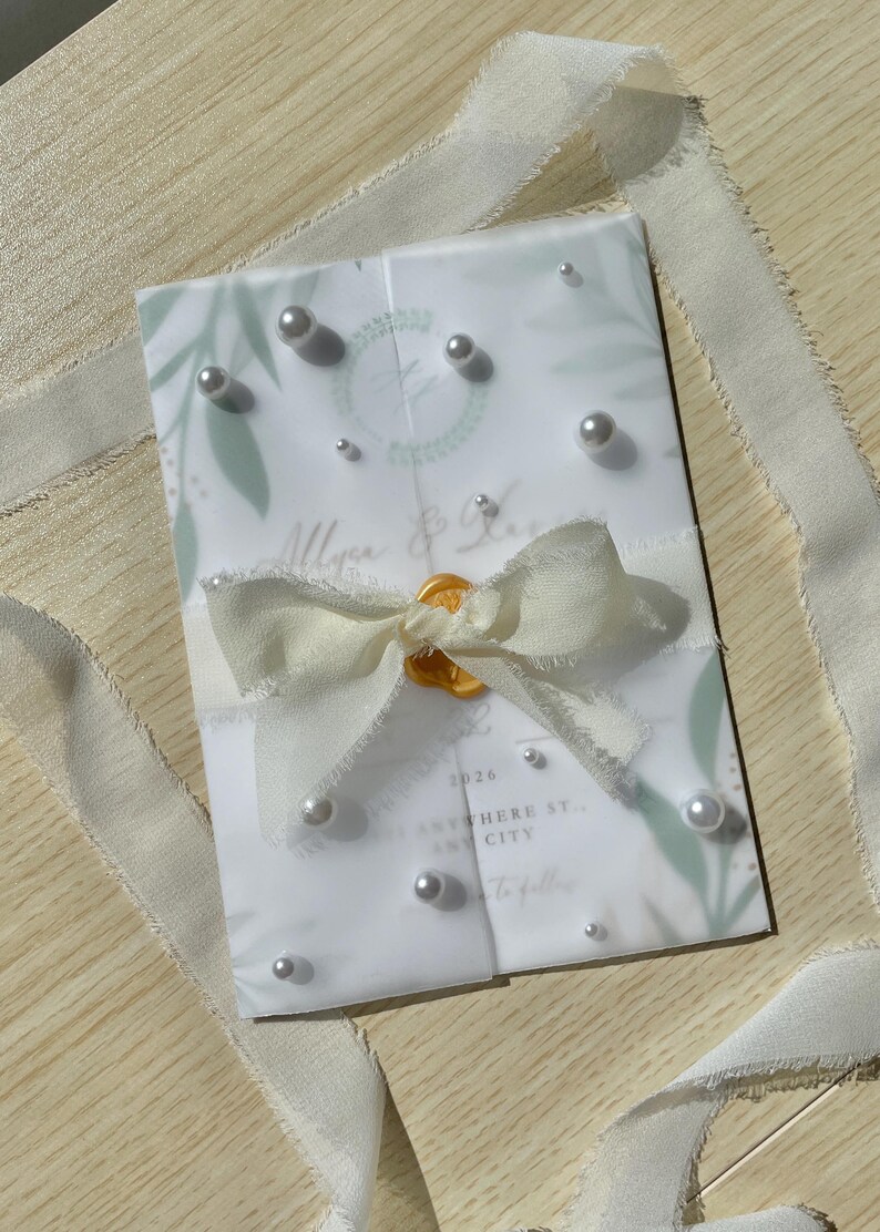 Pearl Vellum Invitation Jacket | Wedding Vellum Wrap With Ribbon or Wax ...