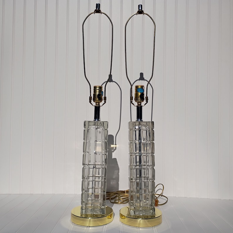 Vintage MCM Crystal Glass Block Column Table Lamps Pair Mid Century ...