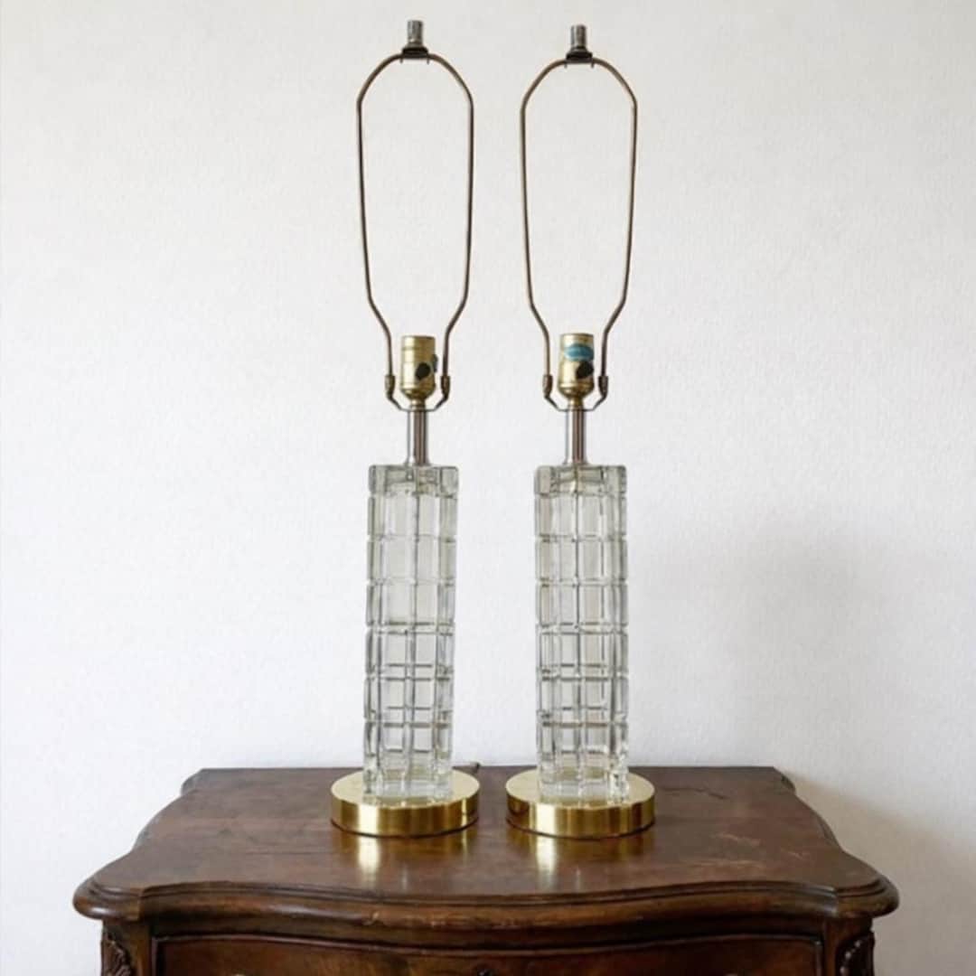Vintage MCM Crystal Glass Block Column Table Lamps Pair Mid Century ...