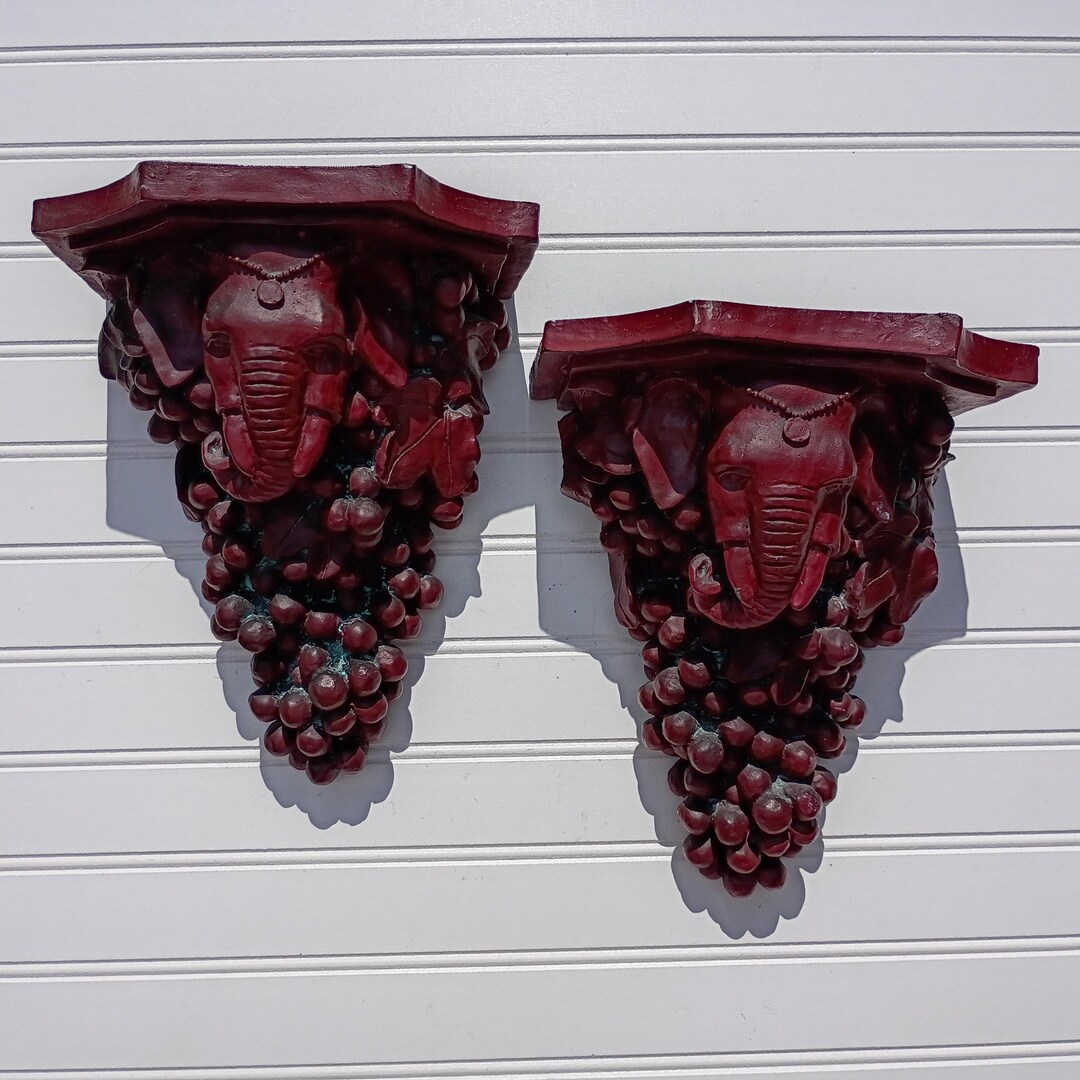 Elephant Wall Sconces Shelves Shelf Pair Dark Red Grapes MCM Heavy ...
