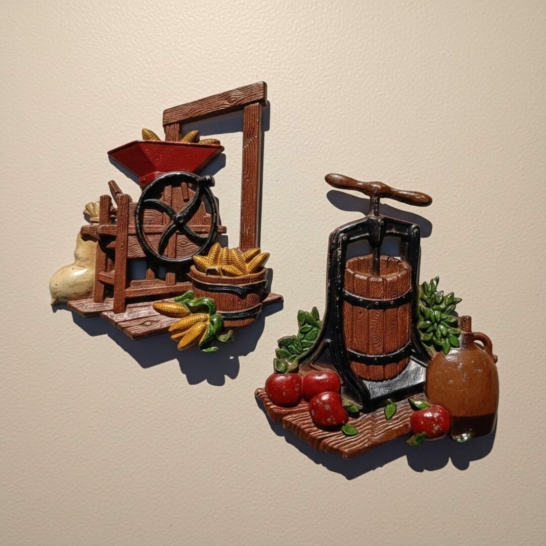 Vintage Homco Mid-century Cast Iron Wall Plaques Cider Press Corn Mill ...