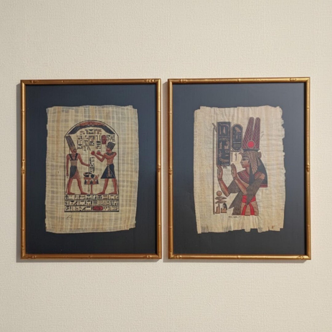 Vintage Egyptian Papyrus Paintings Framed Set of 2 Signed Mid Century ...