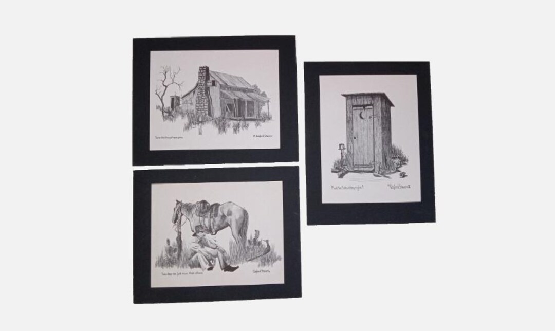 Gaylord Stevens Drawings SET of 3: Cabin, Cowboy, Outhouse - 1976 ...