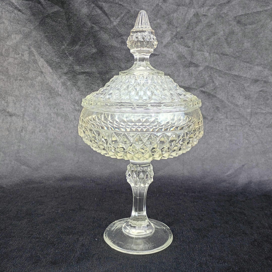 Vintage Indiana Glass Diamond Point Pedestal Candy Dish Lidded Compote ...