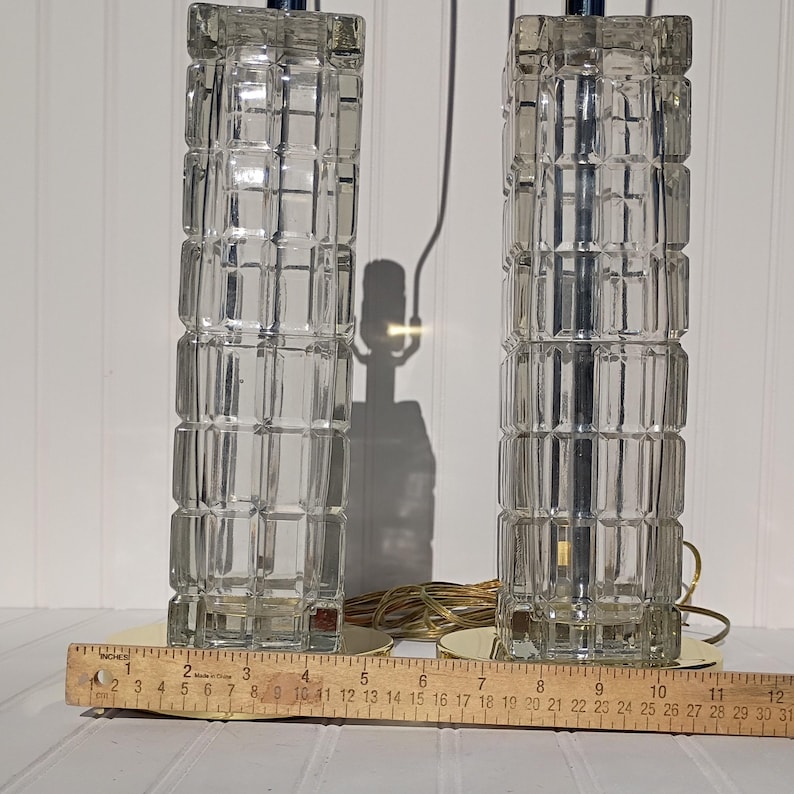 Vintage MCM Crystal Glass Block Column Table Lamps Pair Mid Century ...