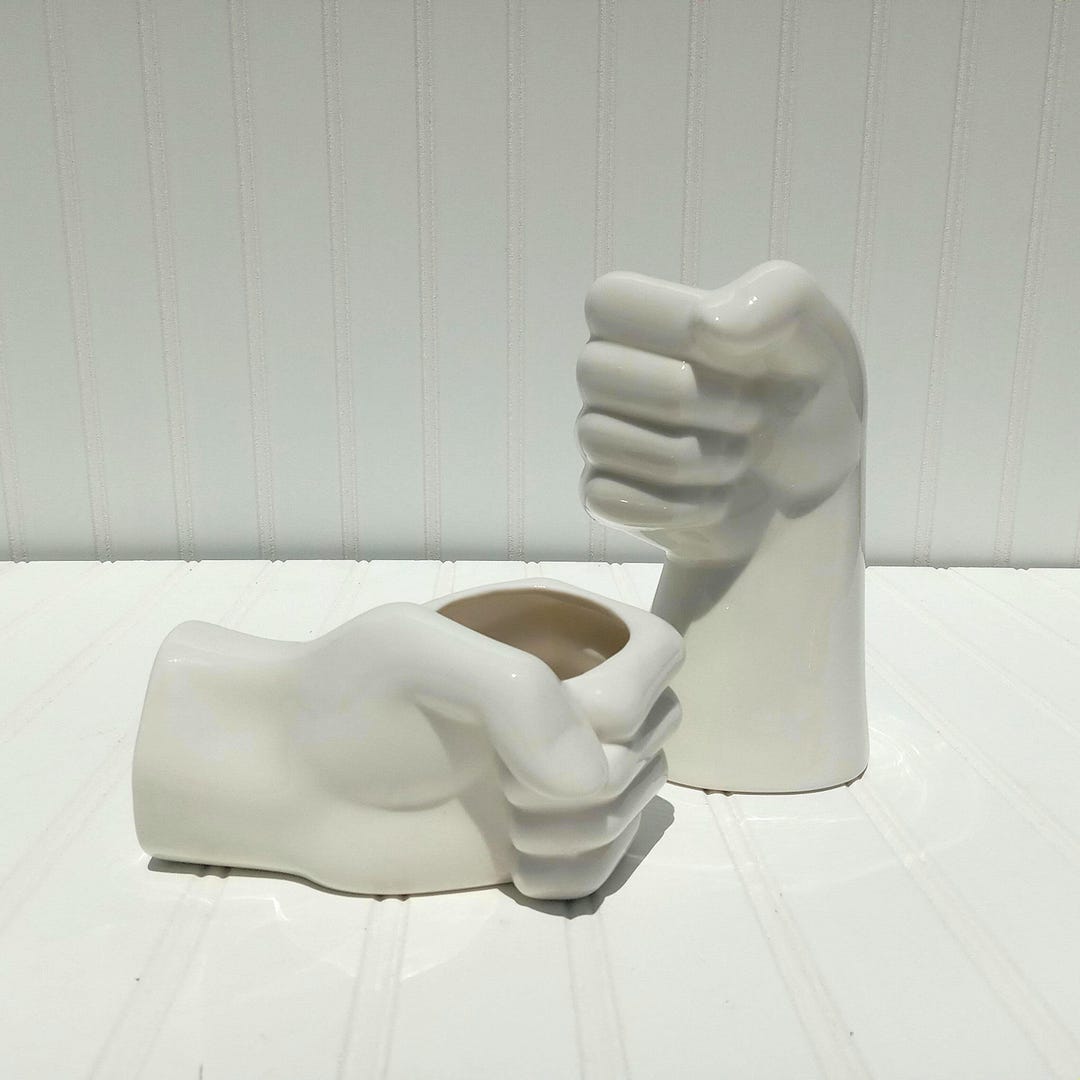 Pair of White Hands Ceramic Flower Vases Fist Planters Hand Vase Set of ...