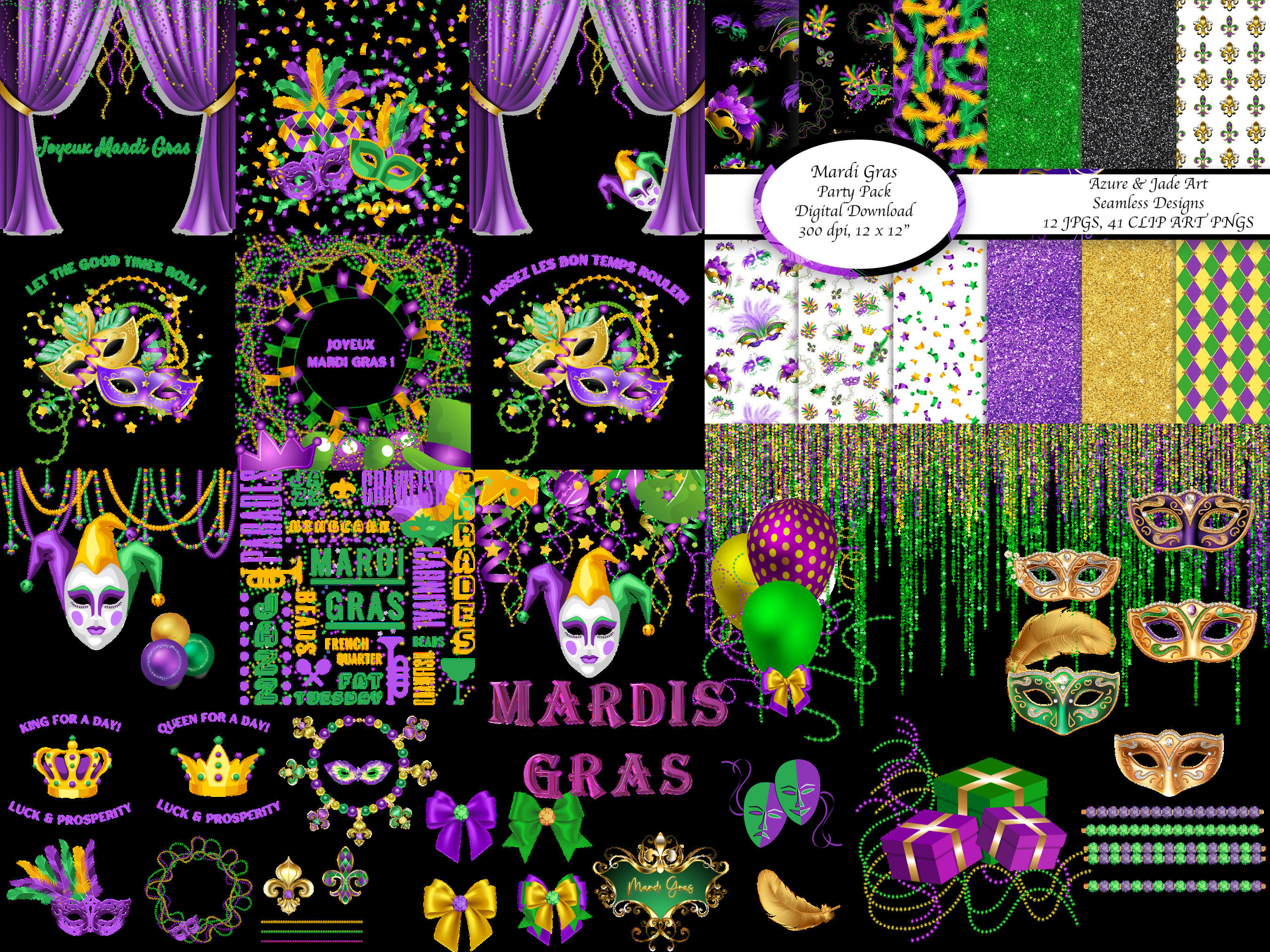 Mardi Gras Clip Art Bundle, 12 Paper Pack Set, Beads Masks Jesters ...