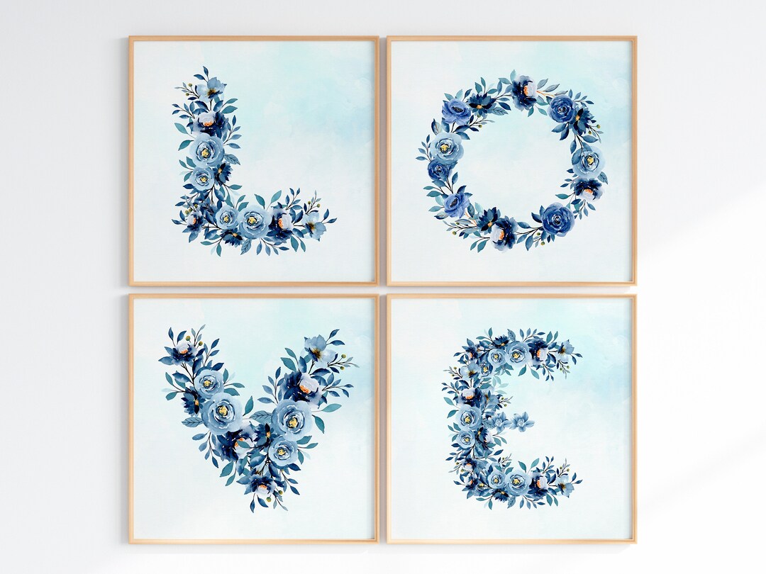 Love Letter Art, Blue Flower Word Instant Printable, Square Print Set ...