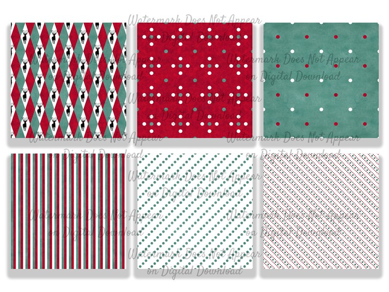 24 Ruby Red & Green Digital Papers, Red White Christmas, Deer Design ...