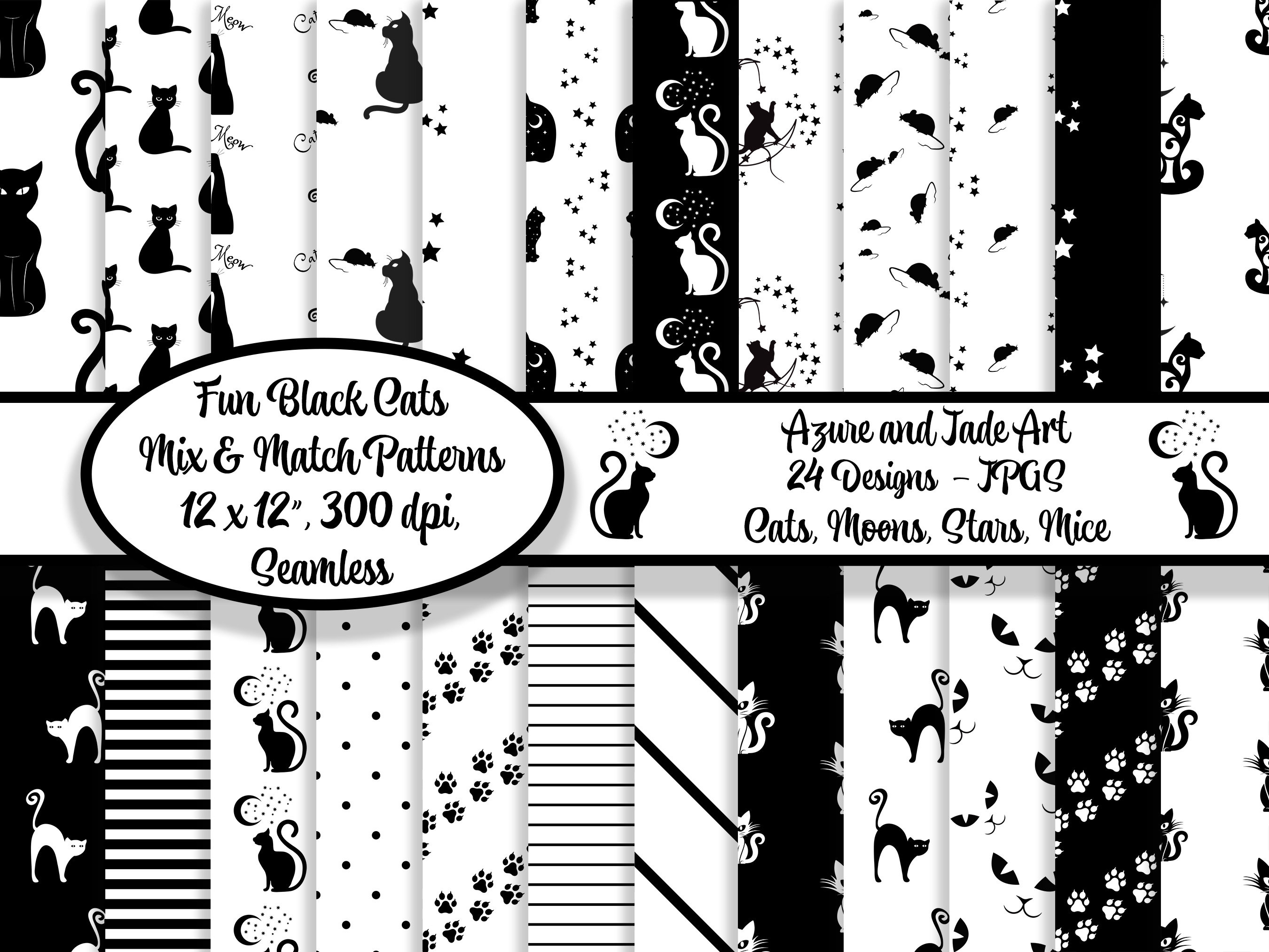 Black and White Cat Seamless Digital Paper Pack - Cute Cats, Moons ...