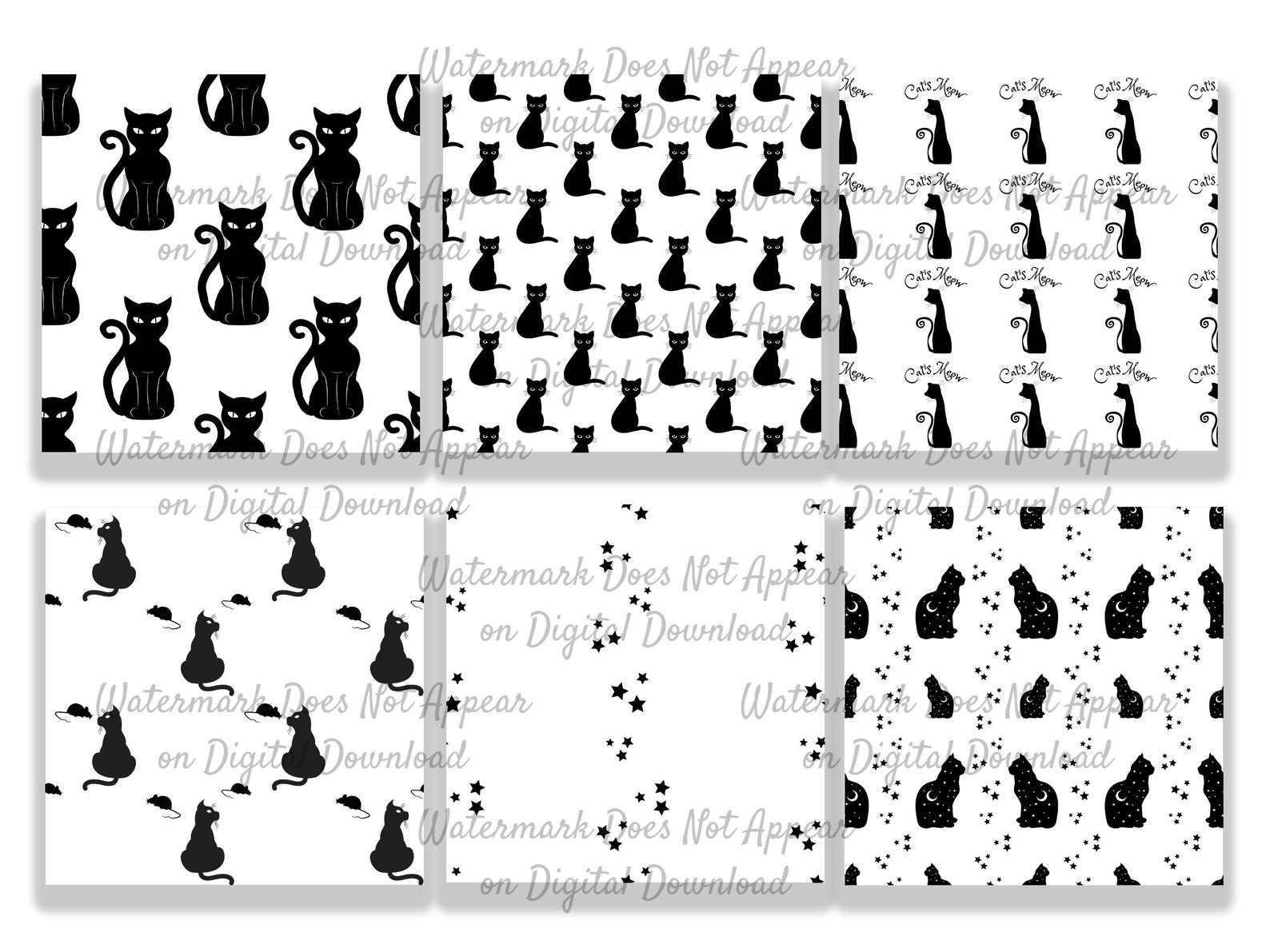 Black and White Cat Seamless Digital Paper Pack - Cute Cats, Moons ...